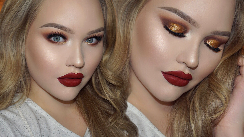 Gold Smokey Eyes Classic Red Lips Holiday Glam Makeup Nikkietutorials