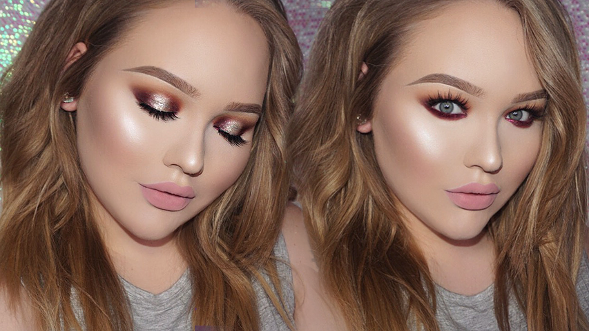 Sexy Warm Toned Sparkly Smokey Eyes Glowy Skin Makeup Nikkietutorials
